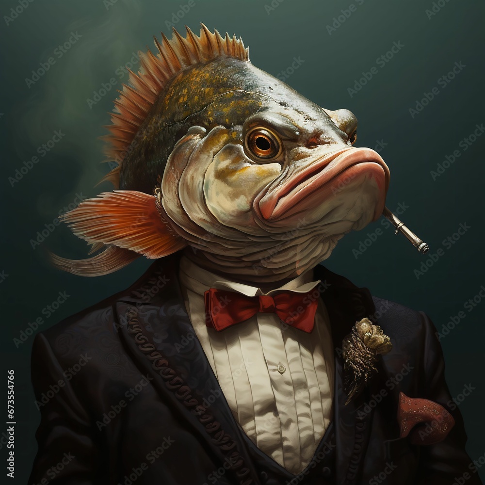 AI-generated illustration of a fish head wearing a tuxedo and smoking ...