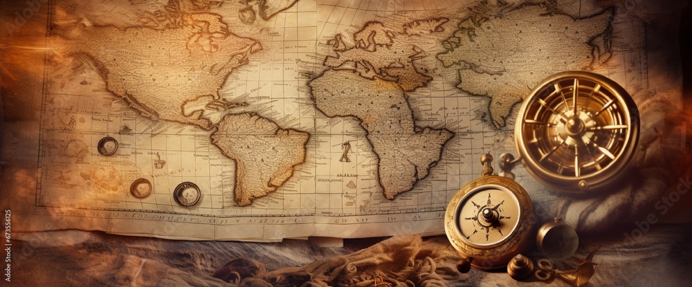 Old sailboat, compass and ancient map historical background. A concept ...