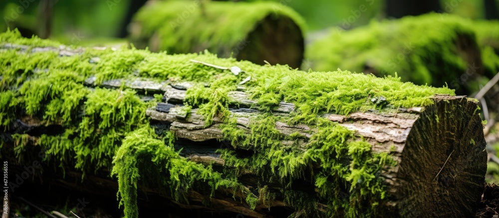 The aged timber was adorned with moss In the outdoor environment aged ...