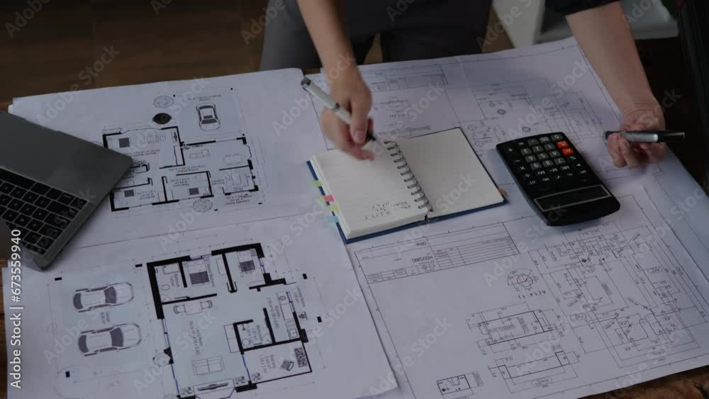 Engineer or architect working and calculations on paperworks blueprints ...