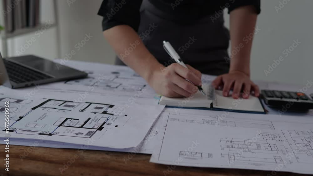 Engineer or architect working and calculations on paperworks blueprints ...