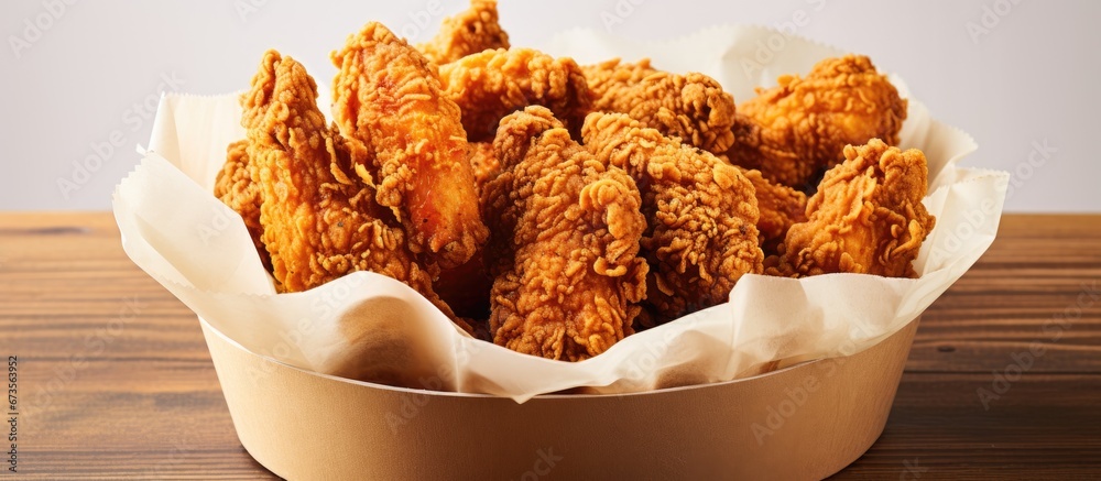 Fried chicken in a bucket made of paper is separated from the white ...