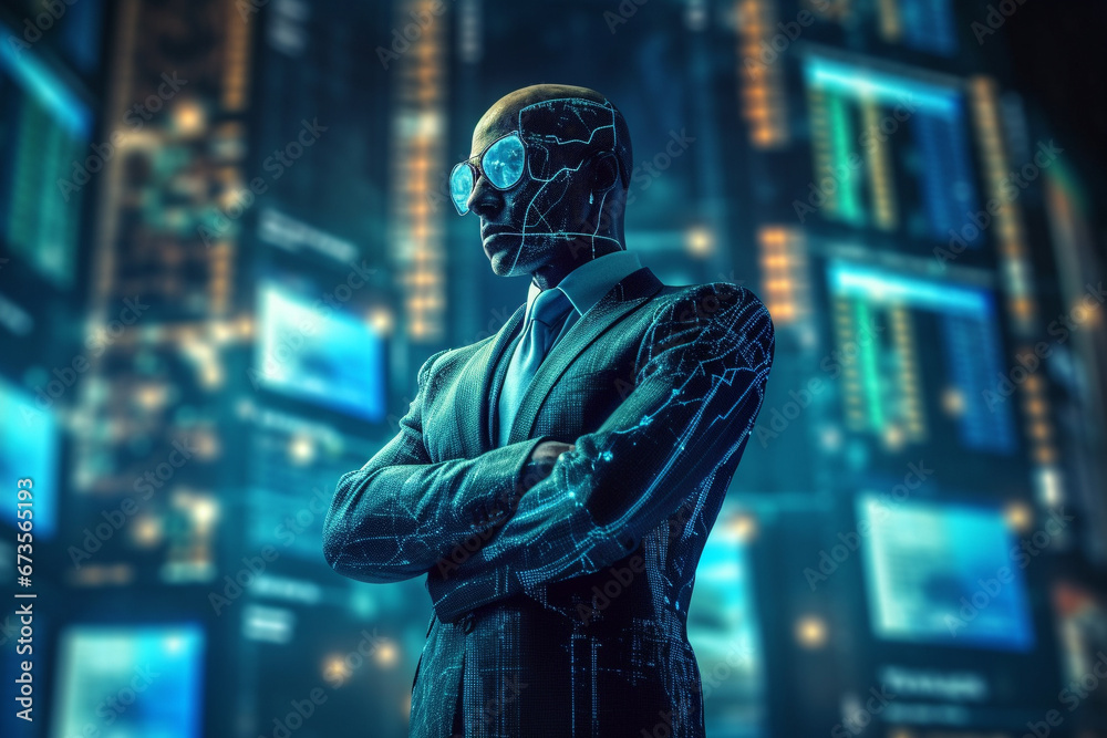 Black and blue smart cyborg robot working businessman on blurred ...