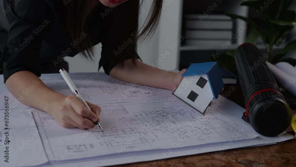 Engineer or architect working and calculations on paperworks blueprints ...