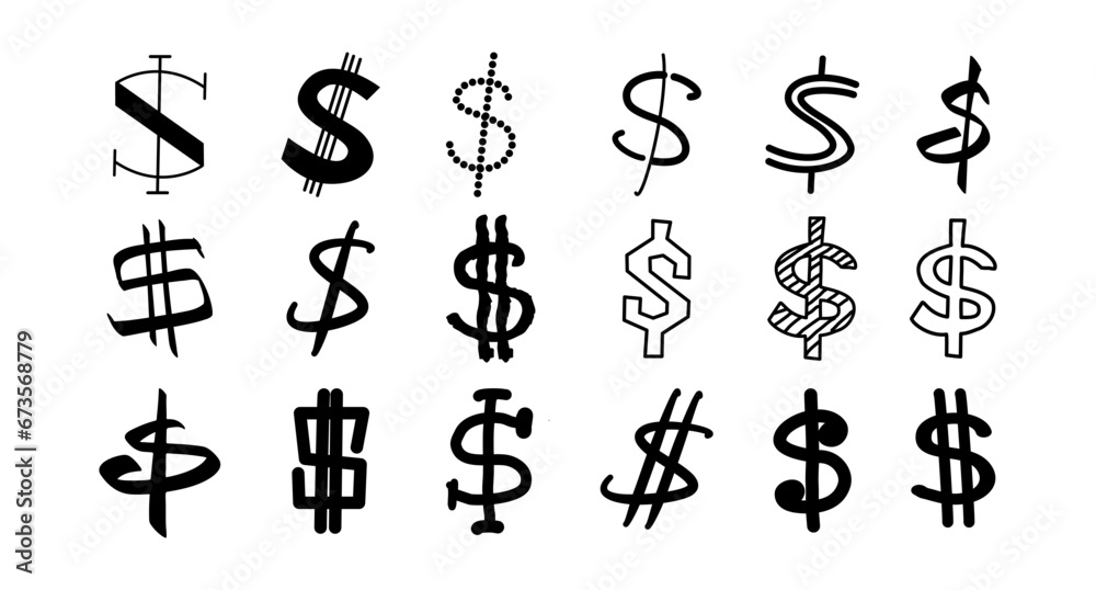 Dollar Hand-drawn doodle sign icon symbol set. Dollar money vector ...