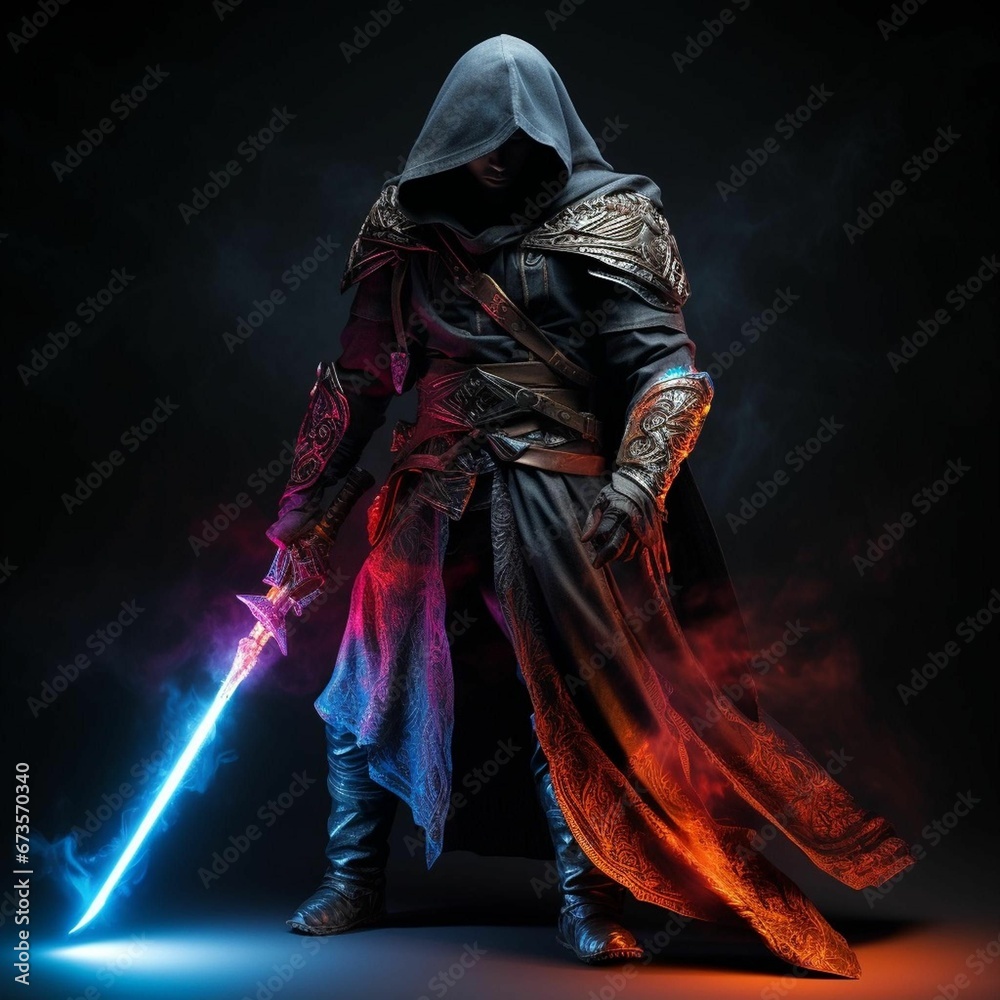 AI generated illustration of a black-cloaked knight in a dimly lit room ...