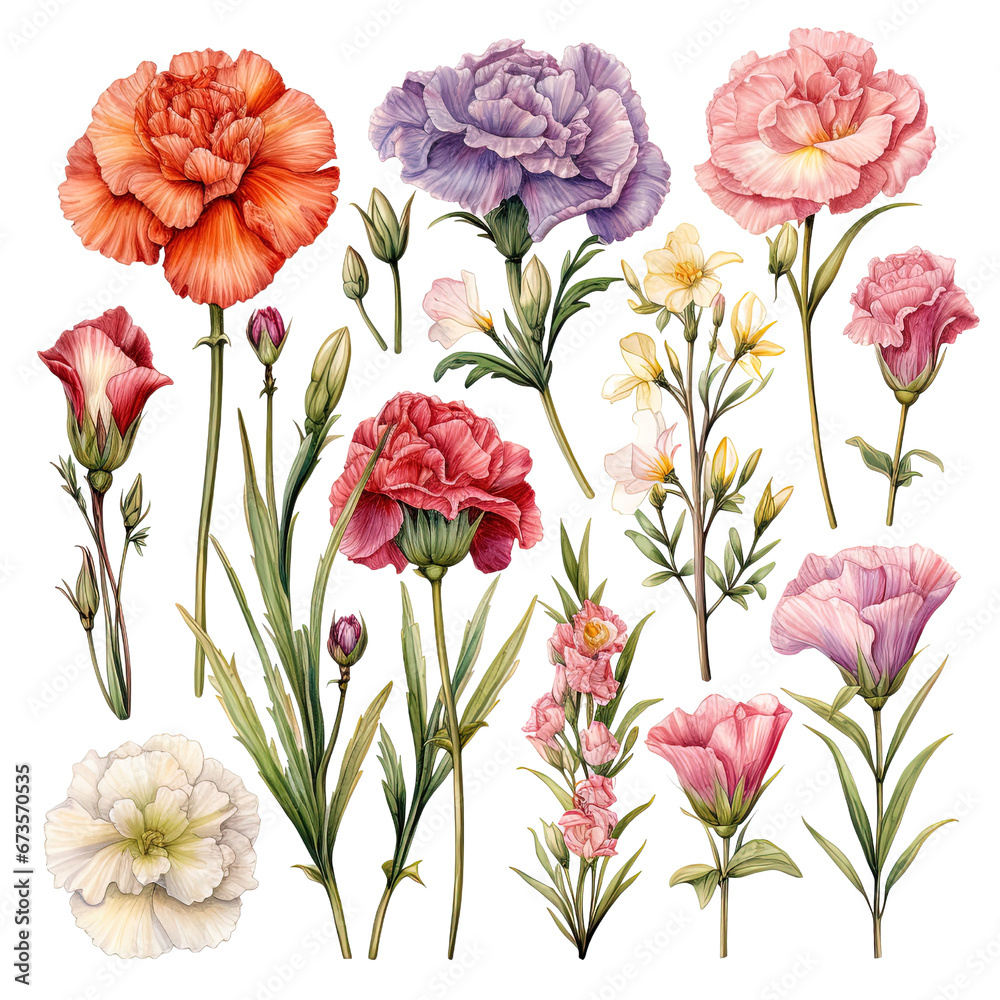 Set of watercolor carnation flower clipart, isolated on a transparent ...