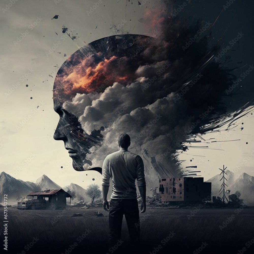 AI generated illustration of a man looking up with a large explosion of ...