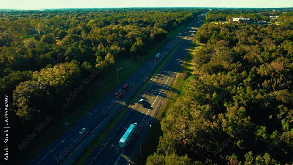 great motorway surrounded by plenty high trees semi trucks and personal ...