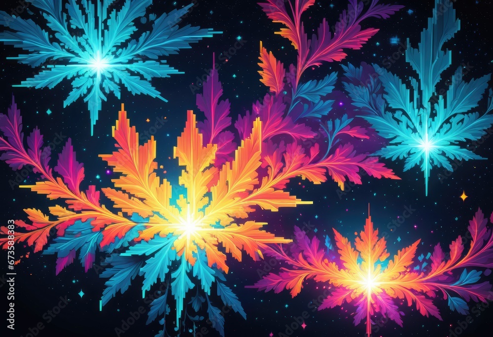 A retro and nostalgic style of neon fractals that create a pixelated or ...