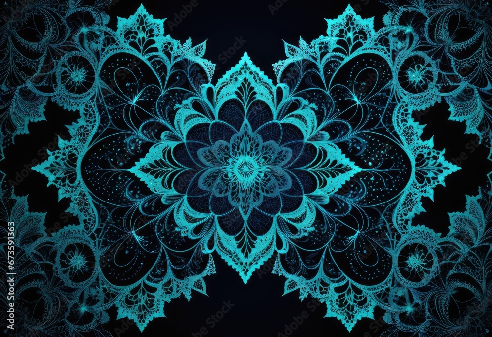 Neon fractals forming an intricate lace pattern against a dark ...