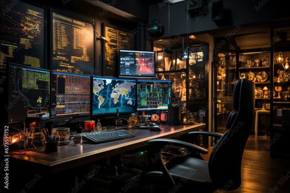 Trading desk with multiple computer monitors showing various Forex ...