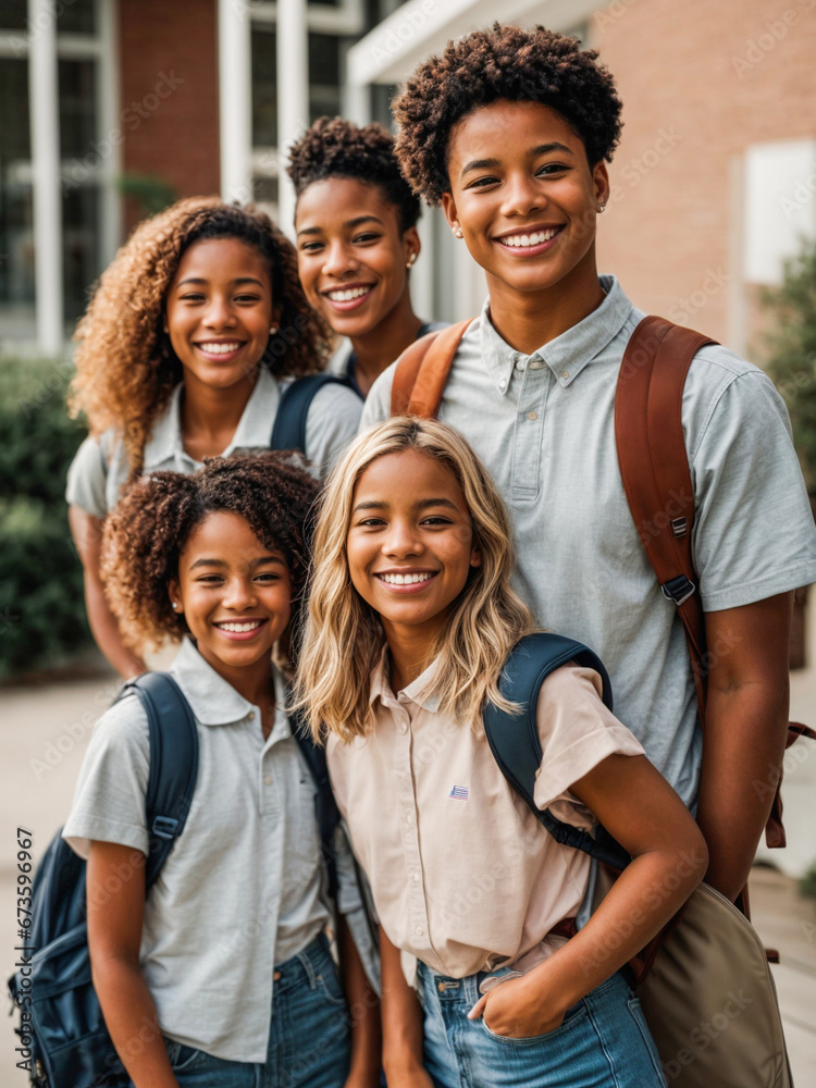 American student smiling happily on the first day of school, isolated ...