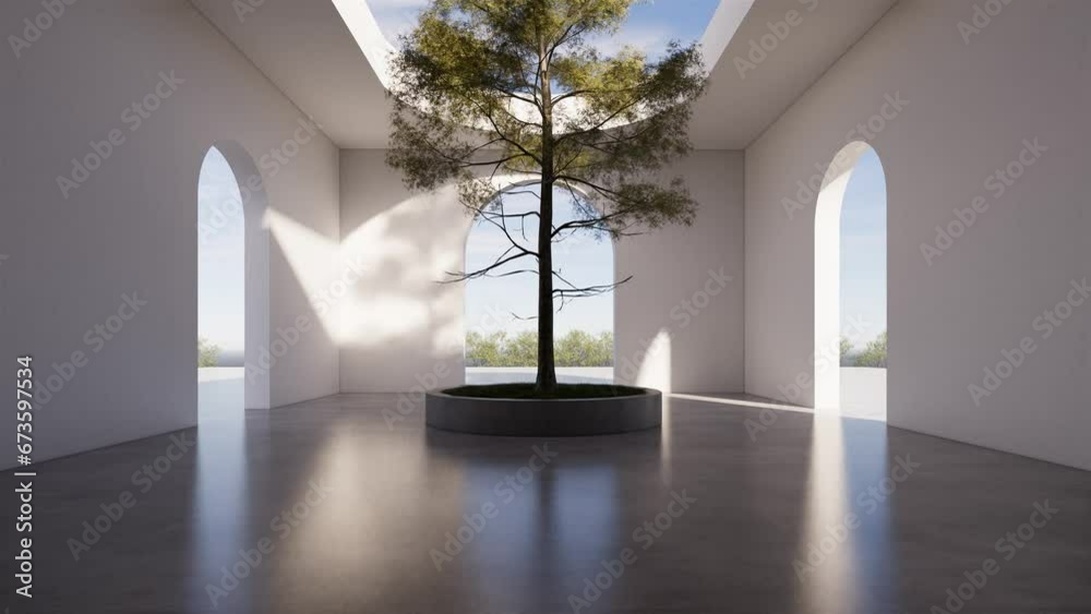 Indoor tree architecture with natural cloud view arches and background ...
