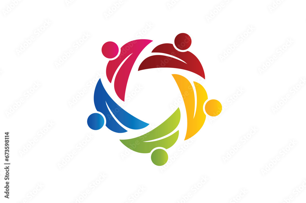 Teamwork five people around in a leaf shape colorful icon image circle ...