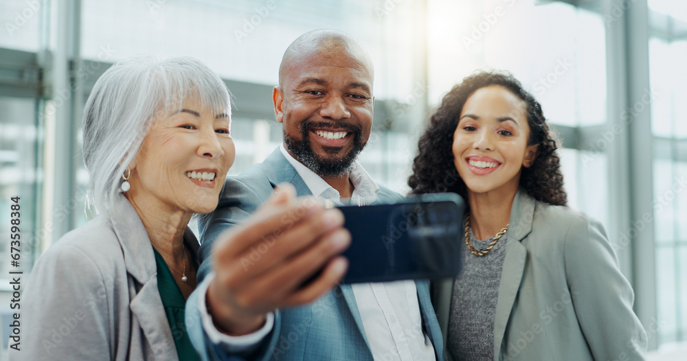 Happy business people, face and selfie at office for photography, team ...