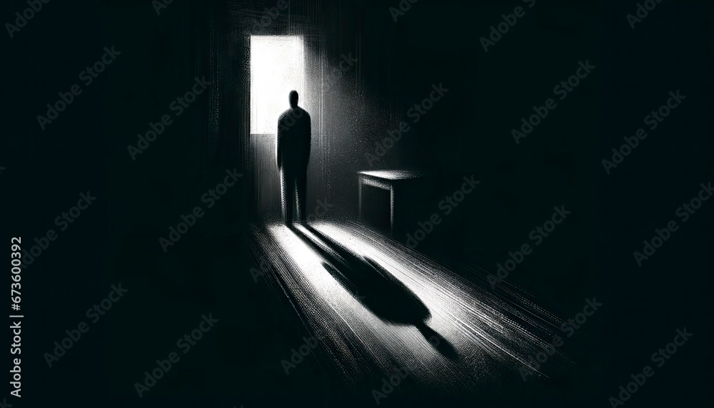 An artistic portrayal of a figure in a dark room, emphasizing the ...