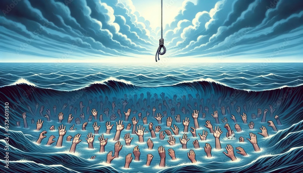 Numerous hands breaking through the surface of a roaring ocean ...