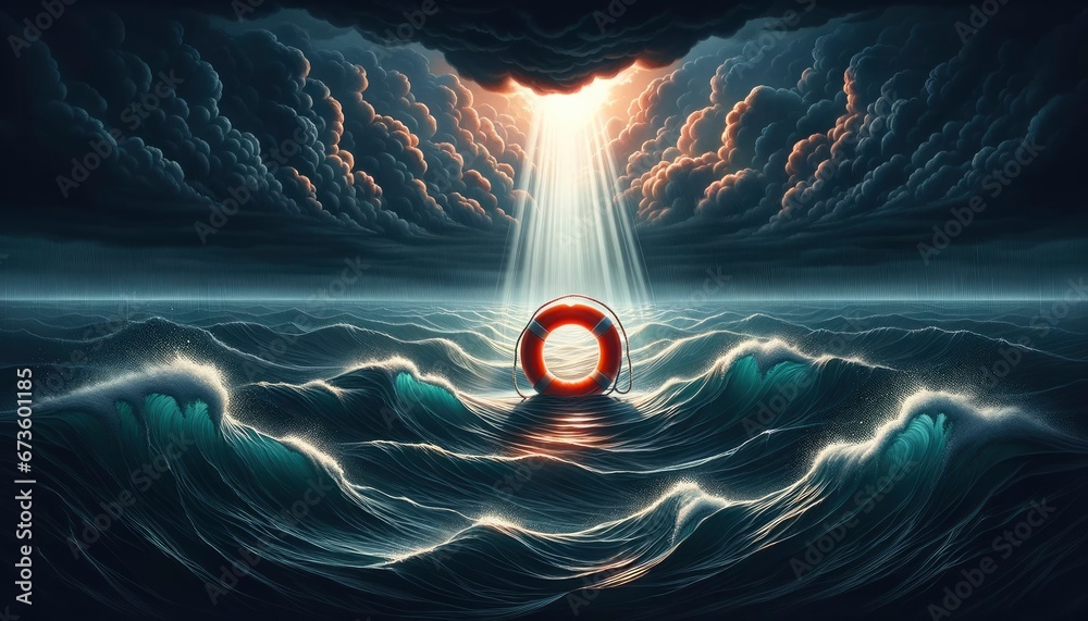 A bright red lifebuoy adrift on tumultuous ocean waves, with foreboding ...