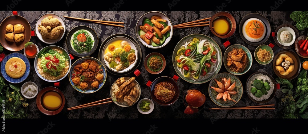 Assorted Chinese food set. Famous Chinese cuisine dishes on table. Top ...