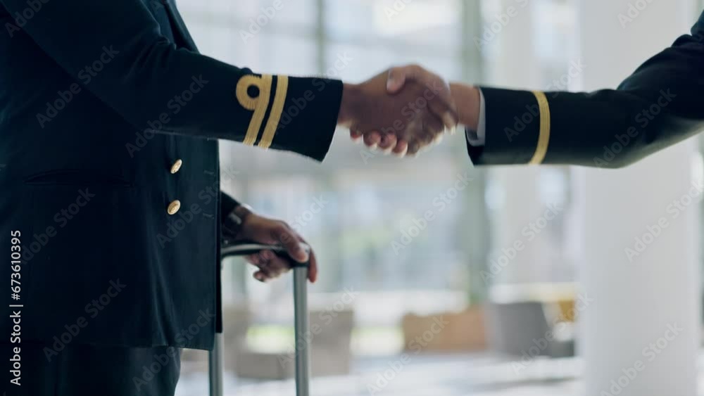 Pilot, handshake and person with welcome, hello and well done, gesture ...