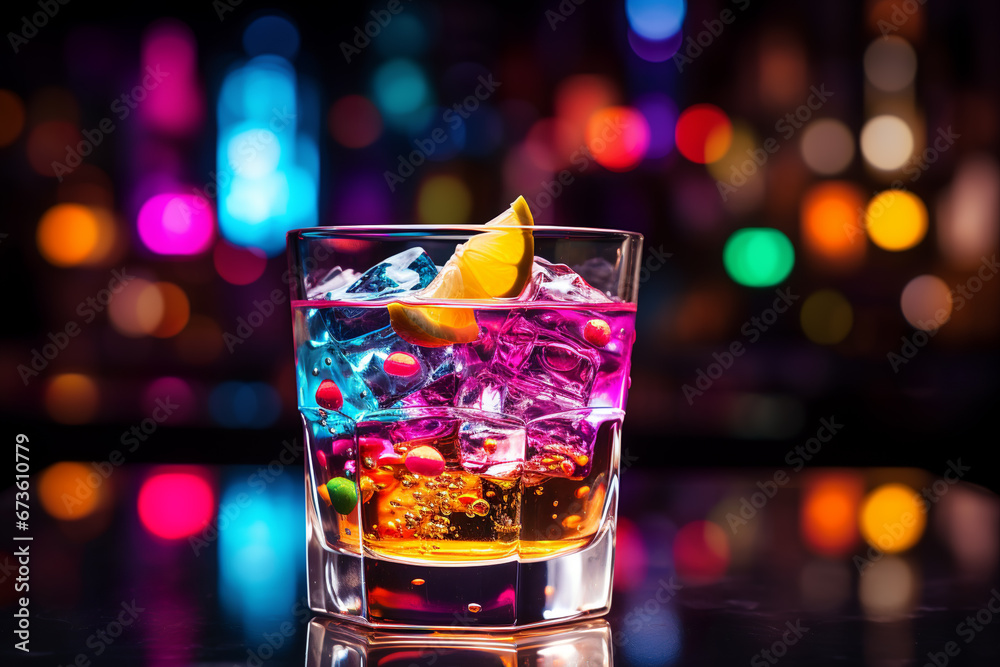 Colorful cocktails in a glass on the bar counter, neon lights on dark ...