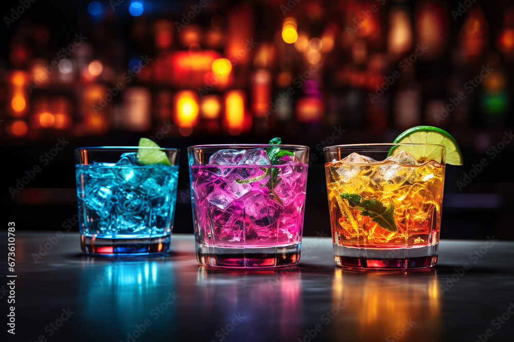 Colorful cocktails in a glass on the bar counter, neon lights on dark ...
