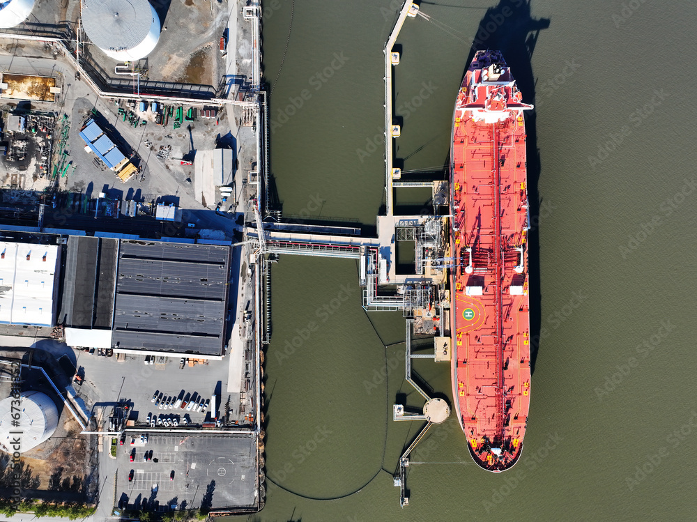Overhead View of Oil Tanker Ship in Port at Refinery Stock Photo ...