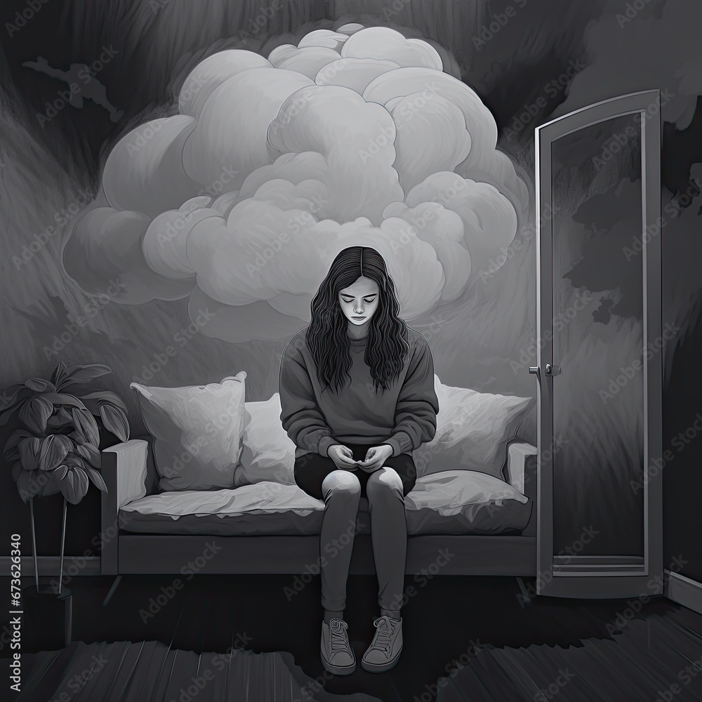 Loneliness. Depression. Black and white illustration of a young sad ...
