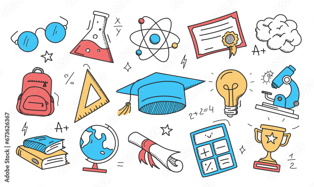 Education doodle icons set vector isolated. Collection of cute hand ...