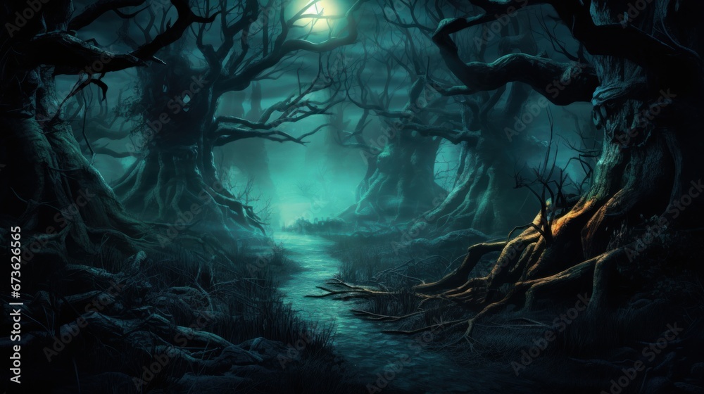 Haunted forest with twisted trees, glowing eyes, and a mysterious mist ...