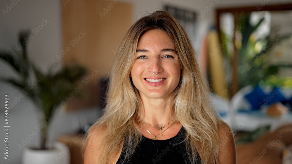 Female face portrait close up. Happy hippie gen z woman looking at ...