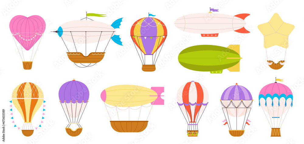 Cartoon air balloons. Sky flying air balloons various style. Flat ...