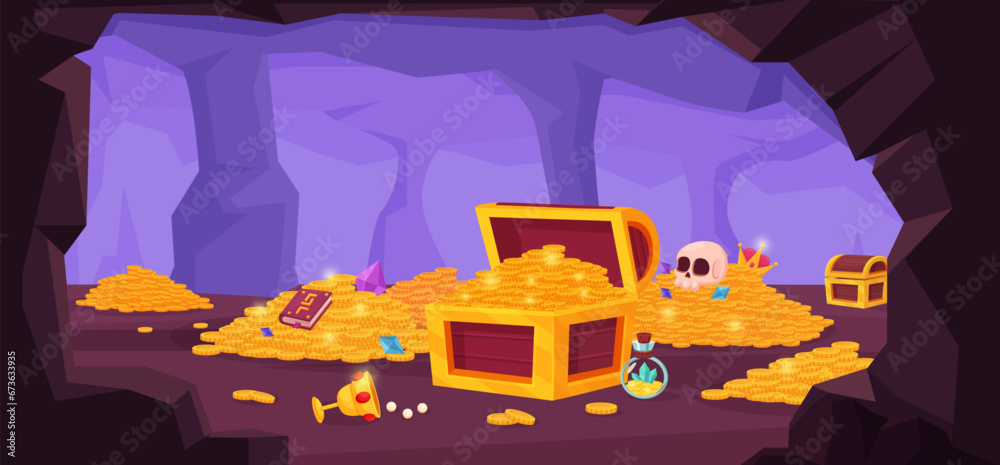 Cartoon treasure cave illustration. Golden coin piles, cup and wooden ...