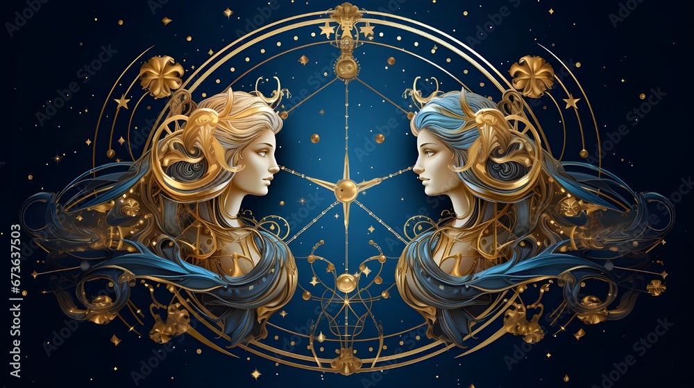 Gemini zodiac sign with golden design and blue background Stock ...