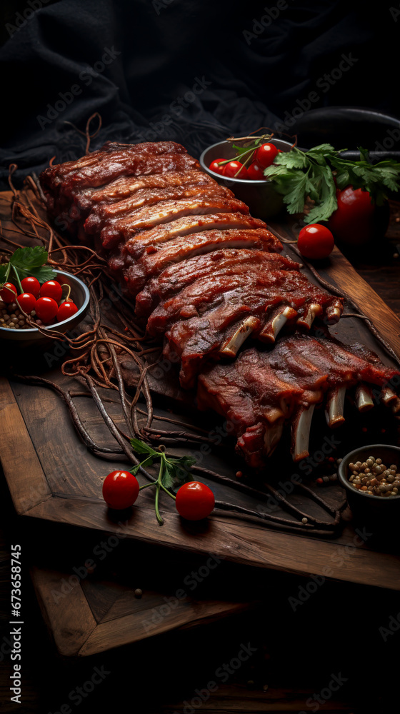 Spicy ribs for a healthy lunch setup with condiments, representing ...