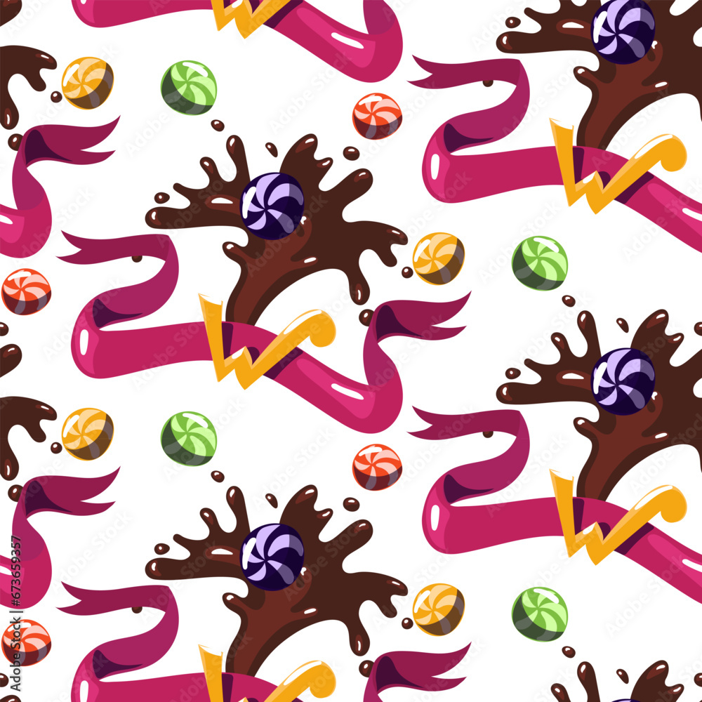 Chocolate fountain pattern with candy and ribbon. Willy Wonka's world ...