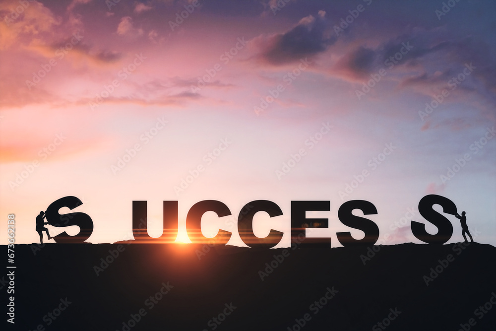 Tiny businesspeople putting backlit success letters together on sunset ...