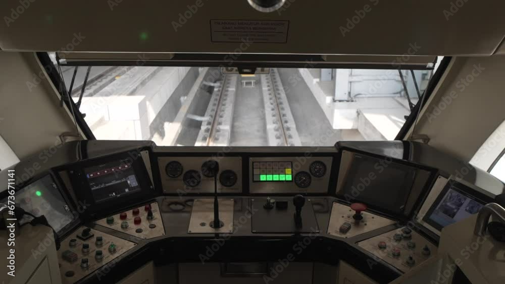 The Empty train cabin of driver of self drive Light Rail Transit LRT ...