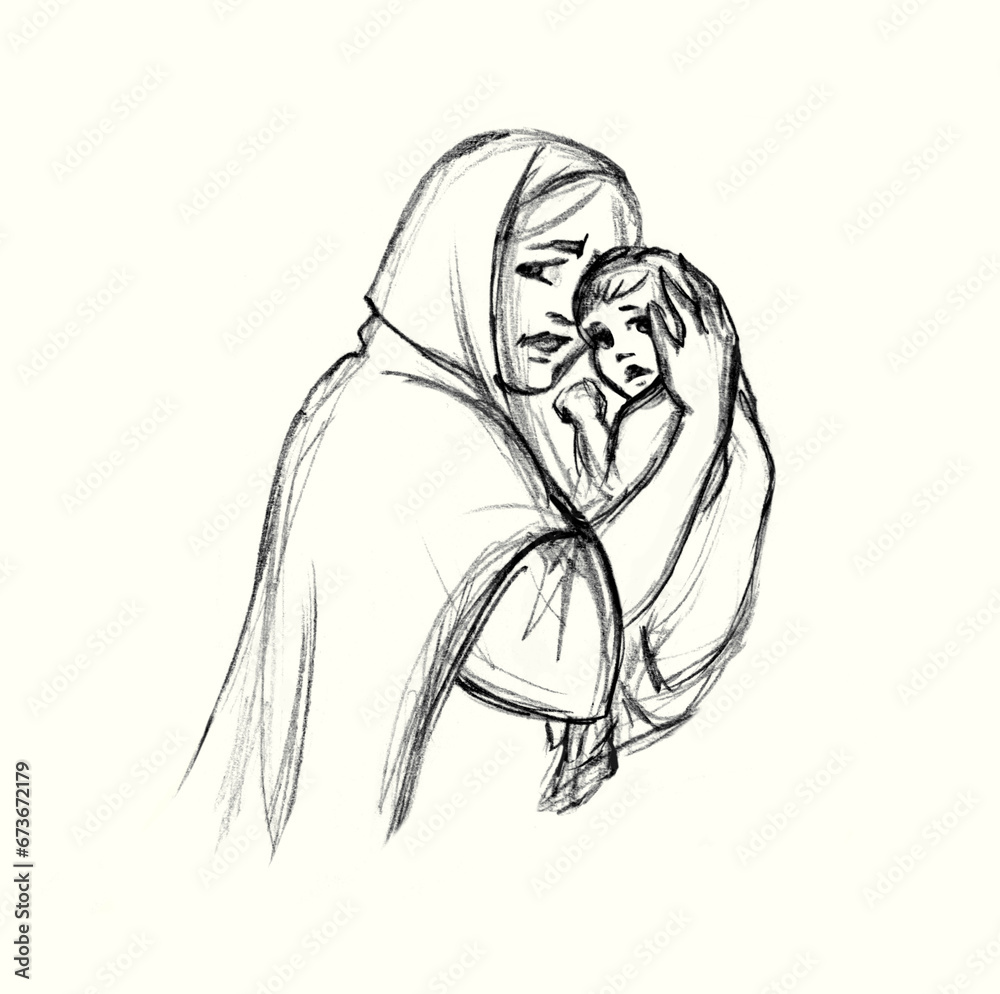 .Sad tear poor east jew arab mum take cuddl small little ill sick arm ...