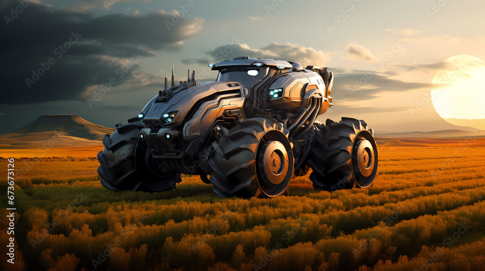 Futuristic Tractor Hyperrealistic 3D-Style Concept. Driving across the ...