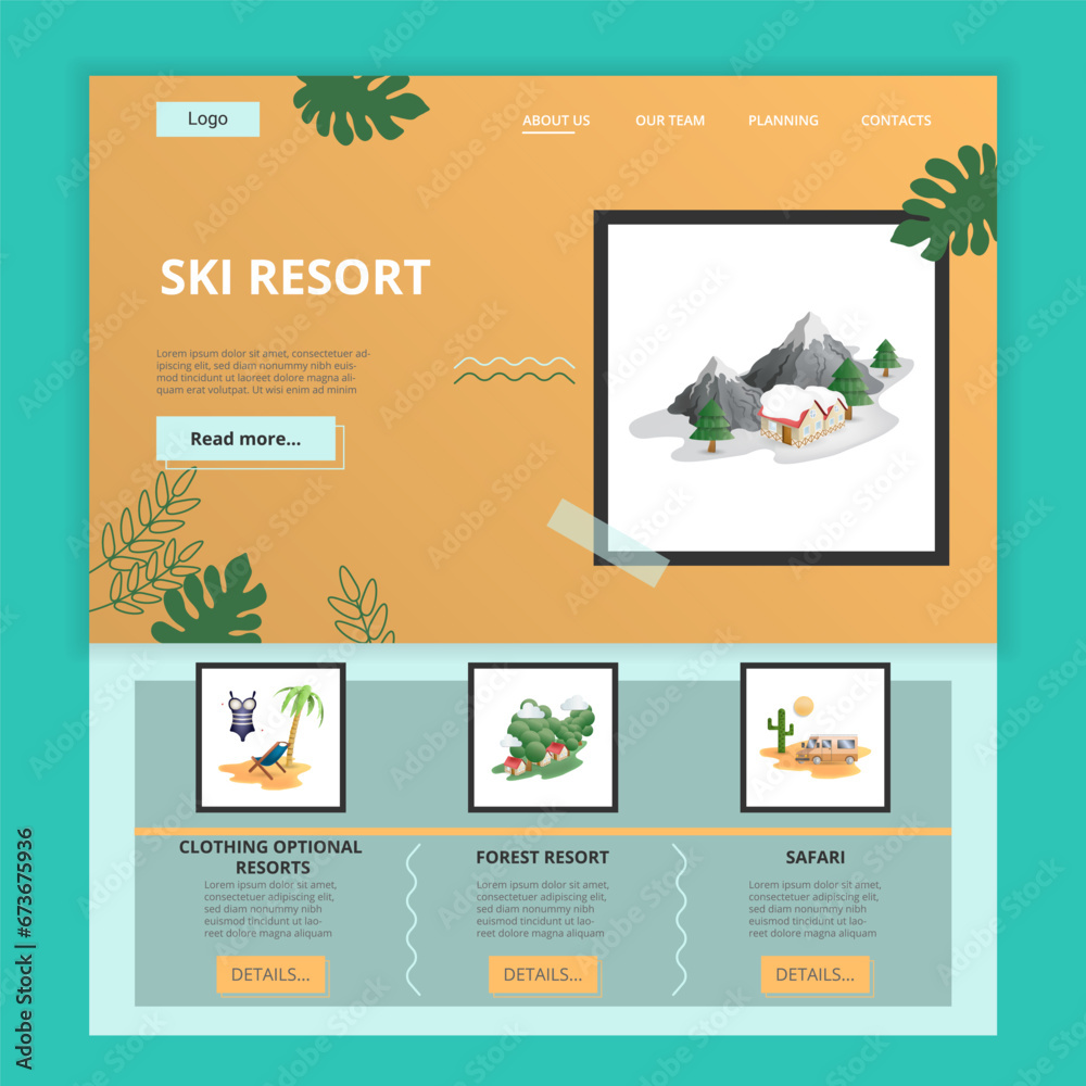 Ski resort flat landing page website template. Clothing optional resort ...