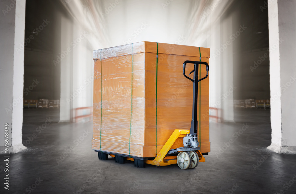Big Package Boxes Wrapped Plastic on Pallets and Hand Pallet Truck ...