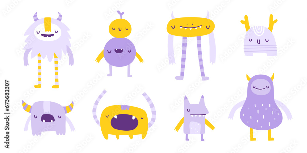 Set of cute sleeping monsters. Vector collection of naive beasts for ...