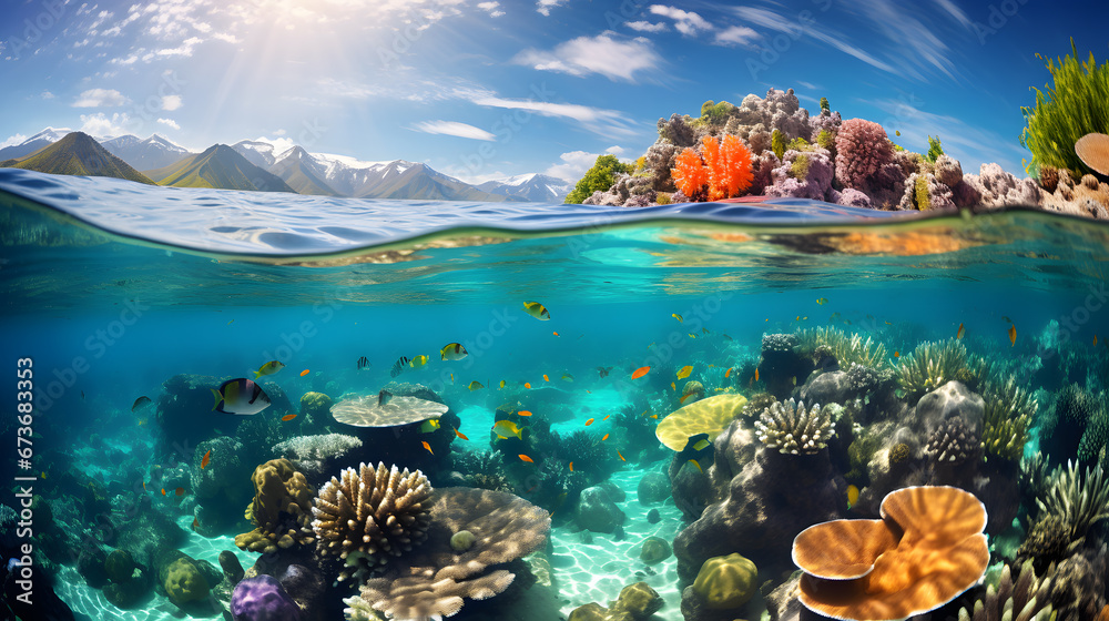 A vivid underwater photograph of a vibrant coral reef in danger of ...