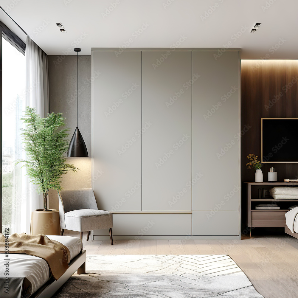 Grey wardrobe in scandinavian style interior design of modern bedroom ...