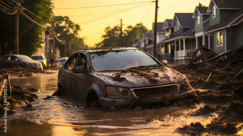 A dramatic image capturing the aftermath of heavy flooding caused by ...