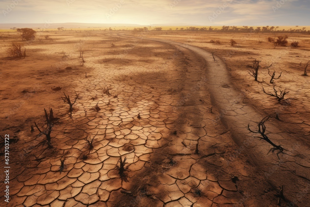 Desolate landscape with withered trees on parched, cracked earth ...