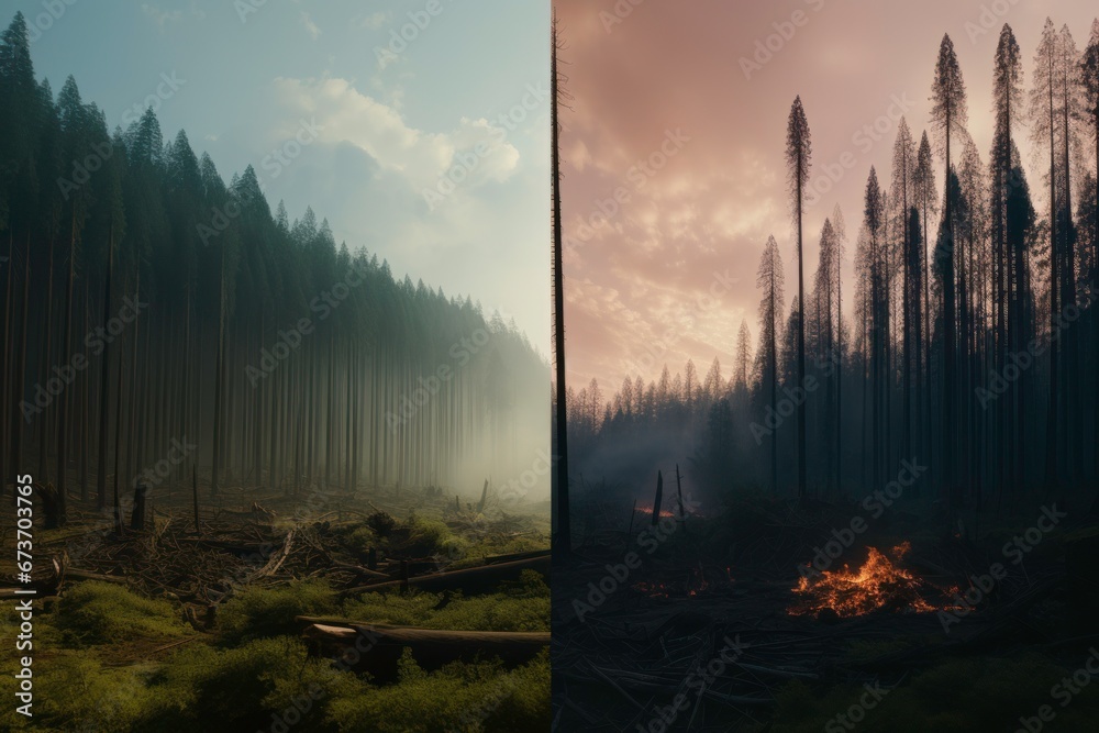 Comparative images showing a vibrant, green forest alongside the same ...