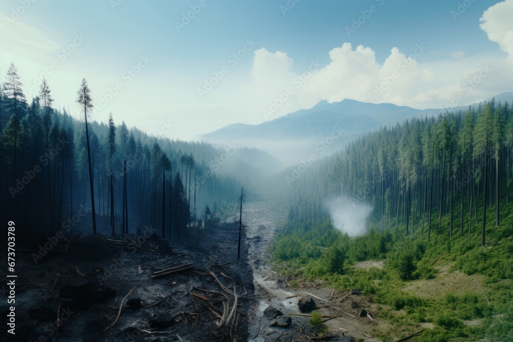 Comparative images showing a vibrant, green forest alongside the same ...